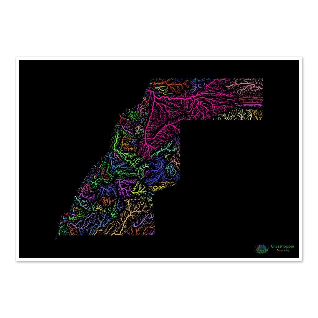 Western Sahara - River Basin Map, Rainbow on Black - - Fine Art Print ...