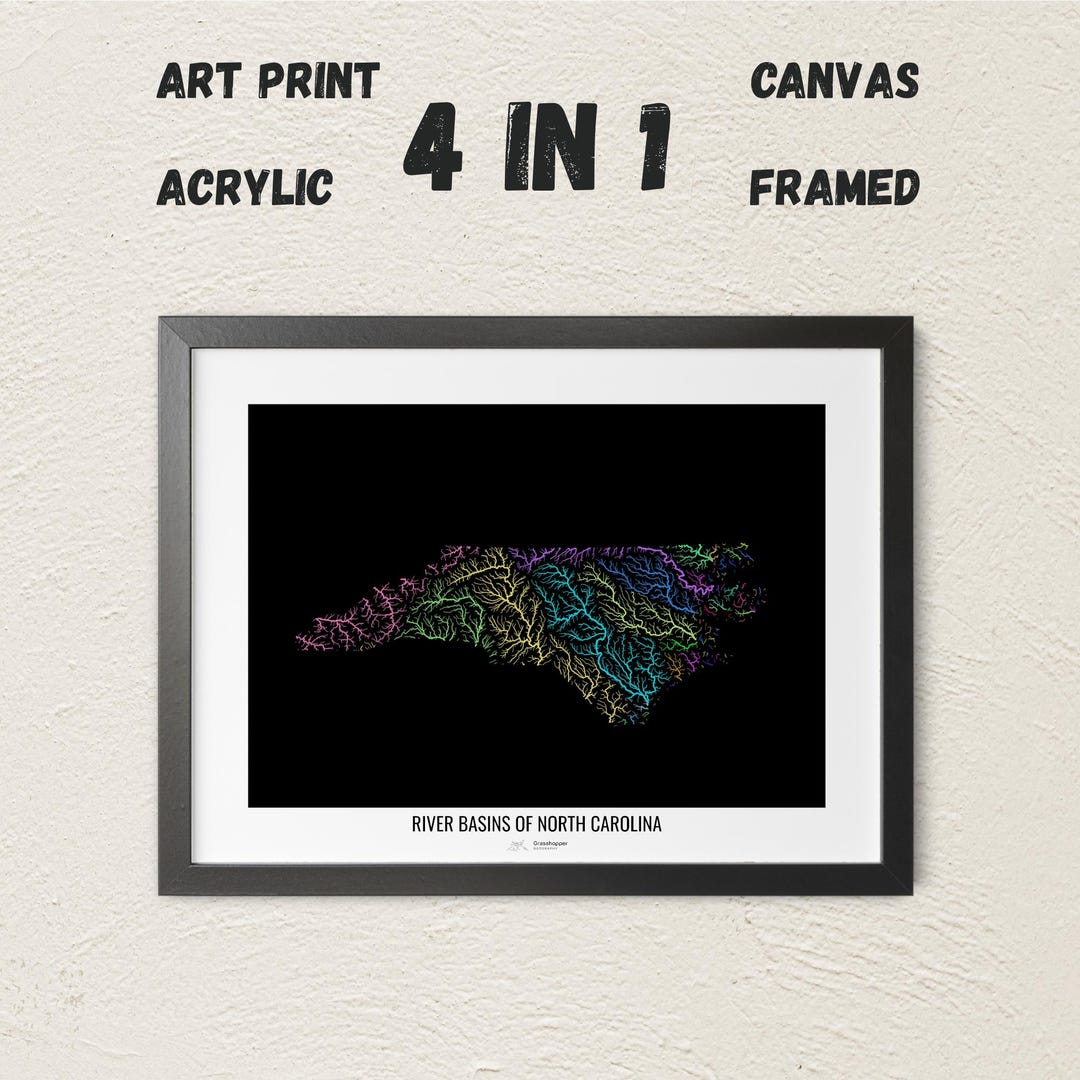 North Carolina - River Basin Map, Rainbow Colours - Wall Art - Etsy