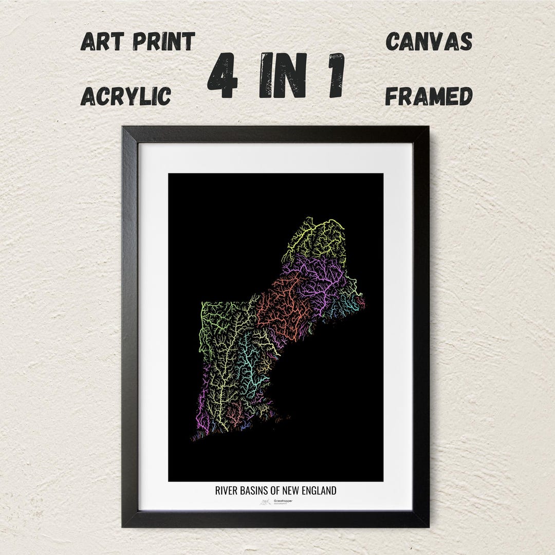 New England - River Basin Map, Pastel Colours - Wall Art - Etsy