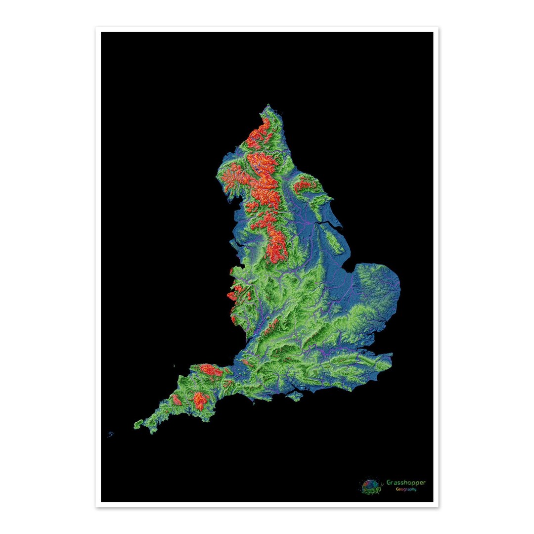 England - Elevation Map, Black - Fine Art Print - Etsy