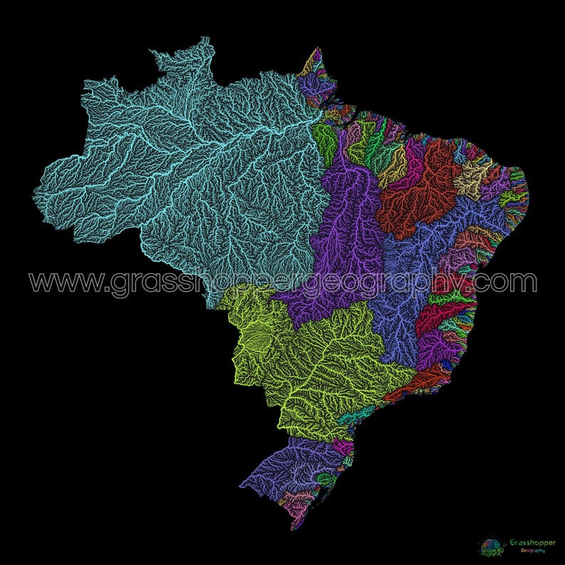 Brazil - River Basin Map, Rainbow on Black - Fine Art Print - Etsy
