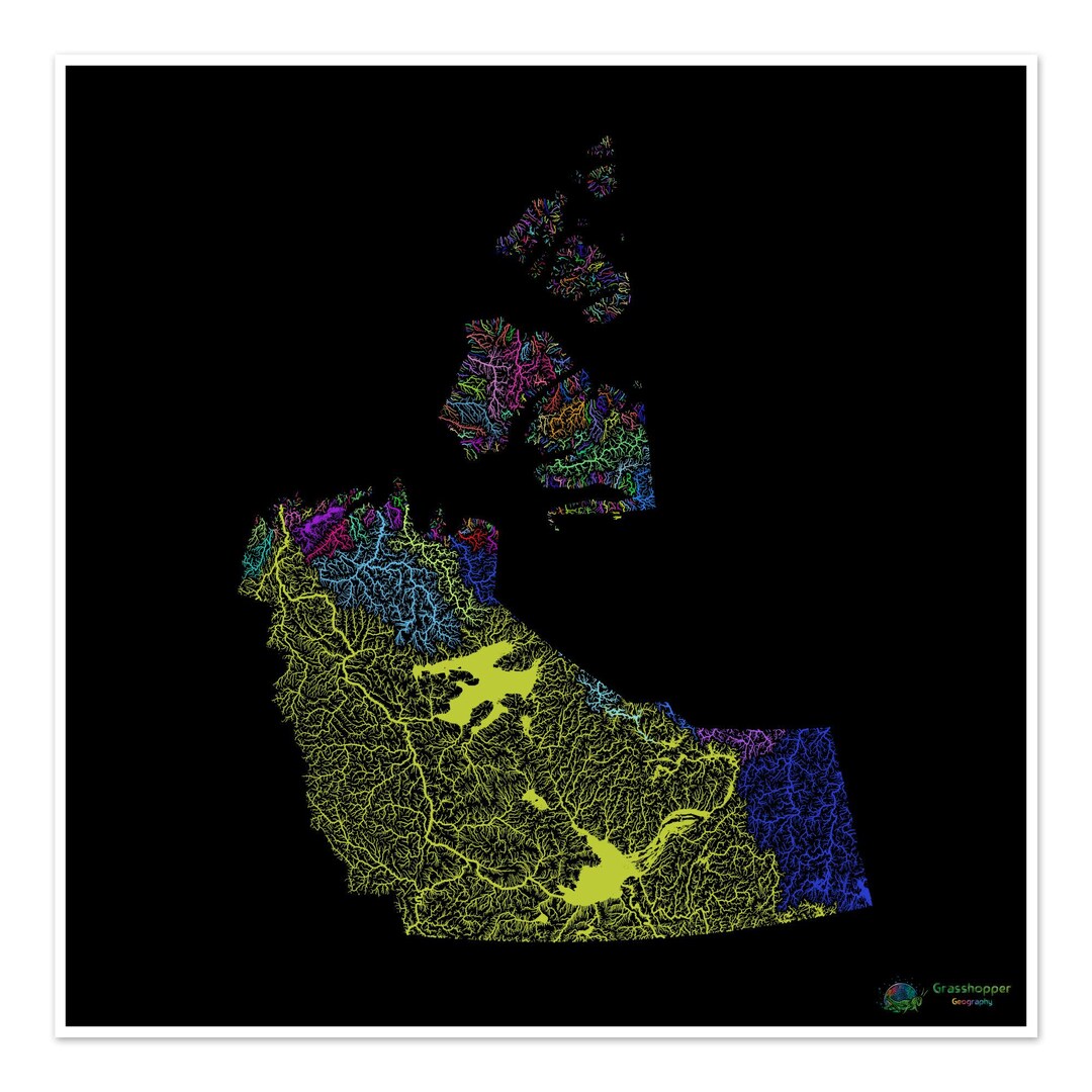 The Northwest Territories - River Basin Map, Rainbow on Black - Fine ...