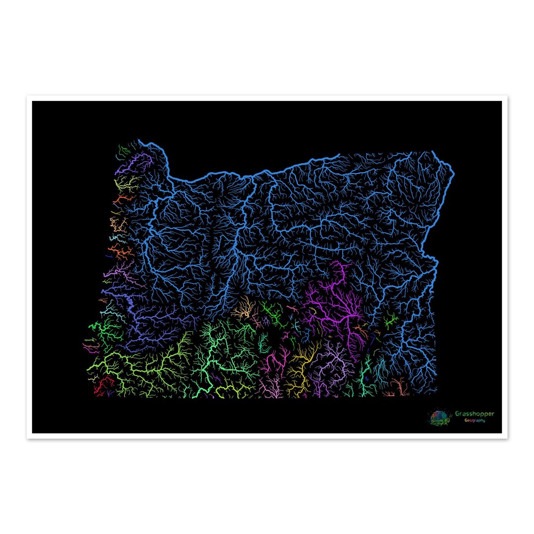 Oregon - River Basin Map, Rainbow on Black - Fine Art Print - Etsy