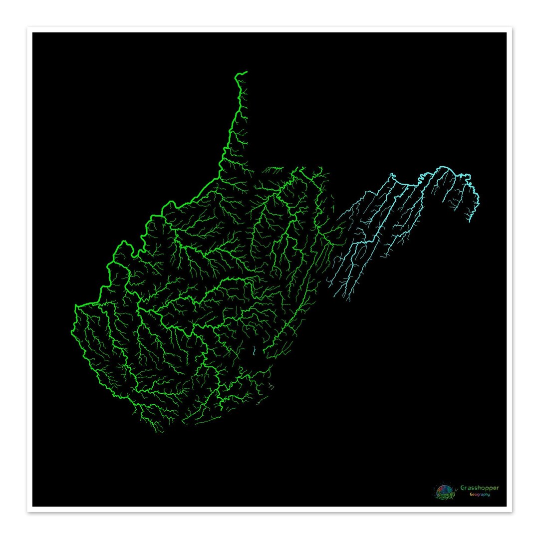 West Virginia - River Basin Map, Rainbow on Black - Fine Art Print - Etsy