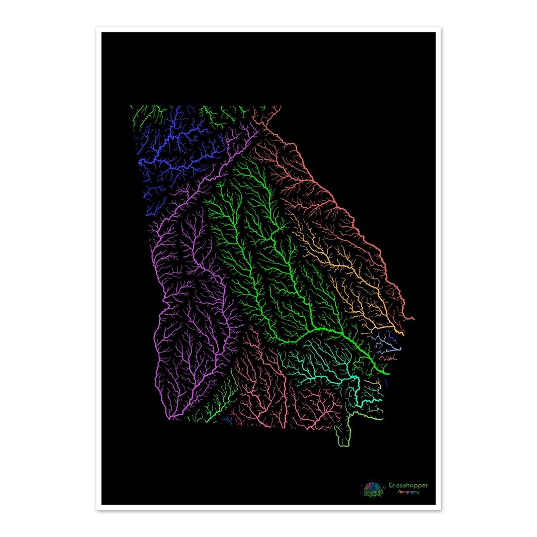 Georgia - River Basin Map, Rainbow on Black - Fine Art Print - Etsy
