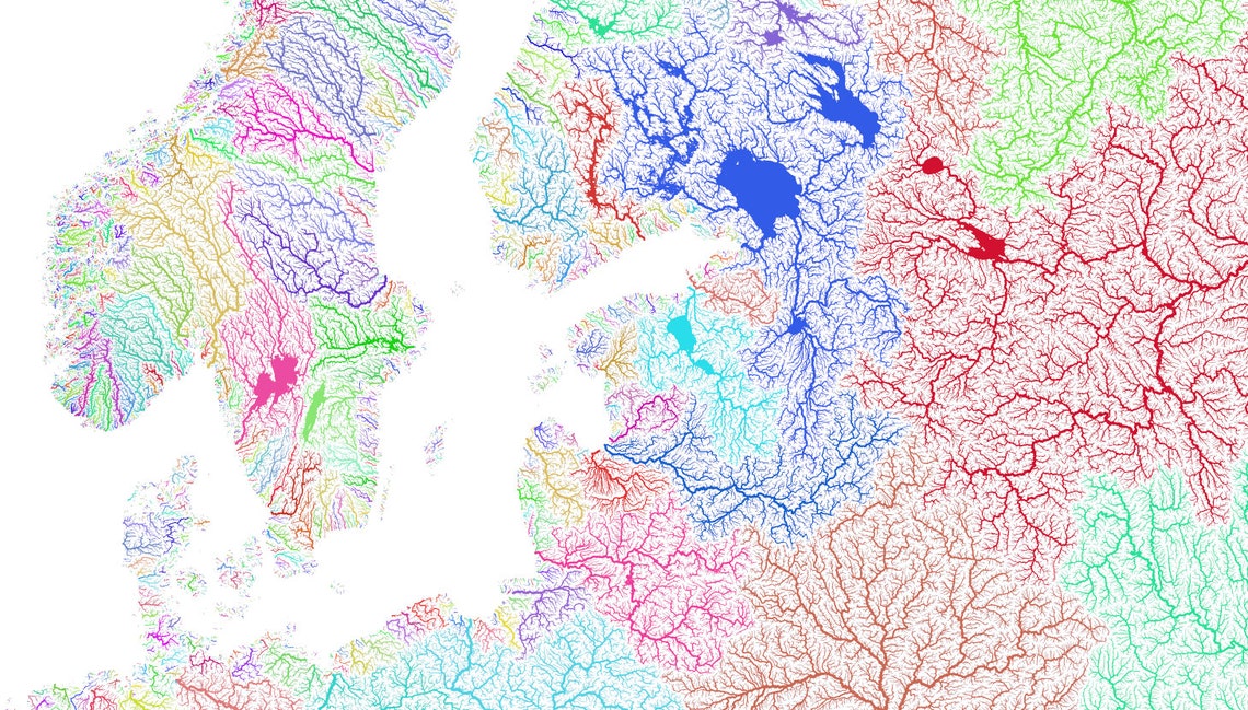 River basins of Europe in rainbow colours high resolution | Etsy