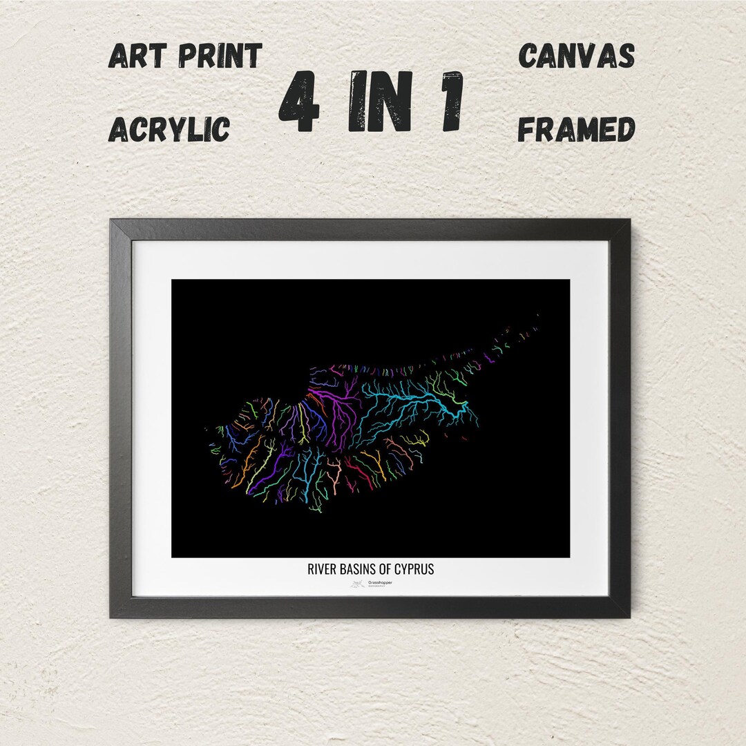 Cyprus - River Basin Map, Rainbow Colours - Wall Art - Etsy