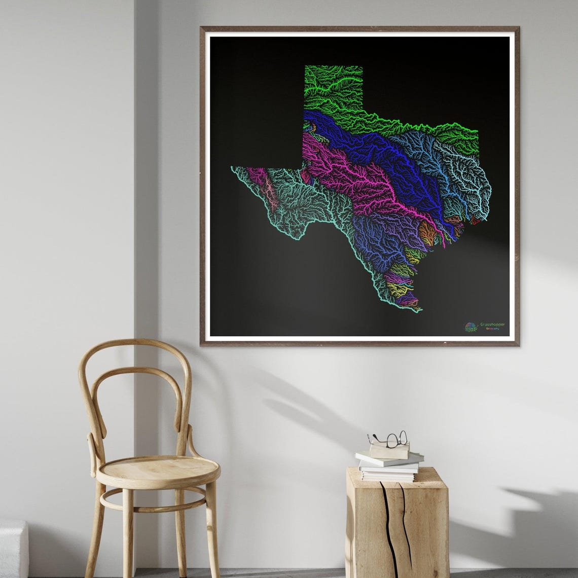 Texas - River Basin Map, Rainbow on Black - Fine Art Print - Etsy