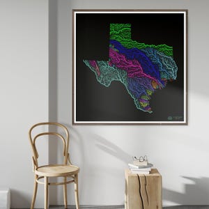 Texas - River Basin Map, Rainbow on Black - Fine Art Print - Etsy