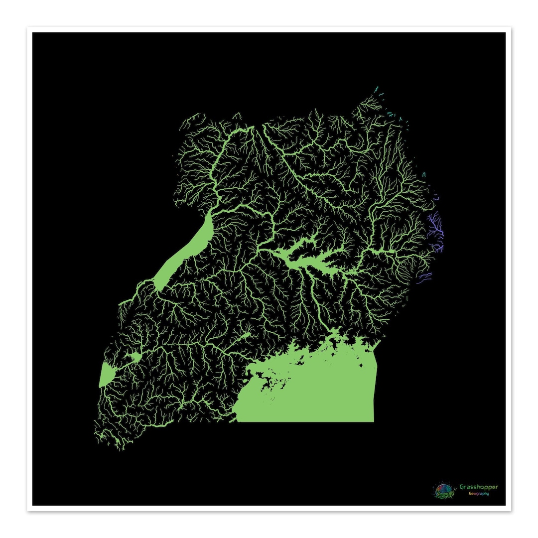 Uganda - River Basin Map, Rainbow on Black - Fine Art Print - Etsy
