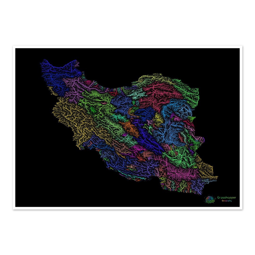 Iran - River Basin Map, Rainbow on Black - Fine Art Print - Etsy