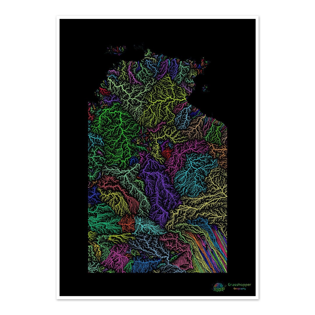 The Northern Territory - River Basin Map, Rainbow on Black - Fine Art ...