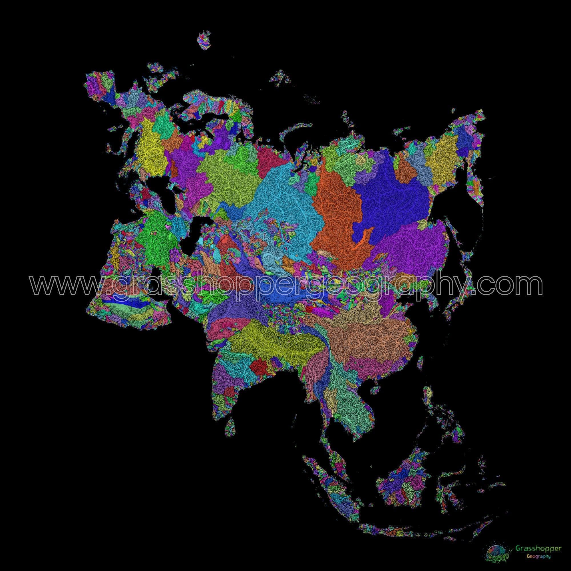 Eurasia - River Basin Map, Rainbow on Black - Fine Art Print - Etsy