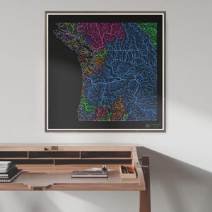 The Pacific Northwest - River Basin Map, Rainbow on Black - Fine Art ...