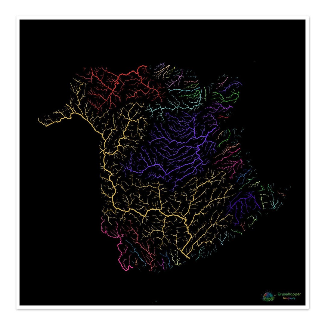 New Brunswick - River Basin Map, Rainbow on Black - Fine Art Print - Etsy