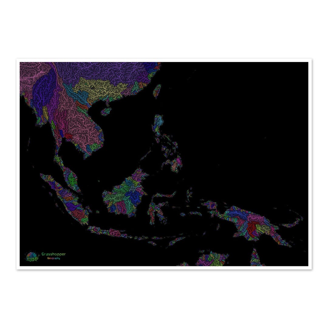 Southeast Asia - River Basin Map, Rainbow on Black - Fine Art Print - Etsy