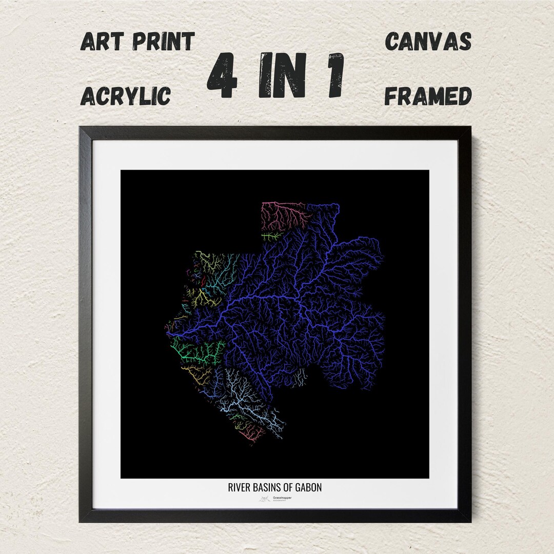 Gabon - River Basin Map, Rainbow Colours - Wall Art - Etsy