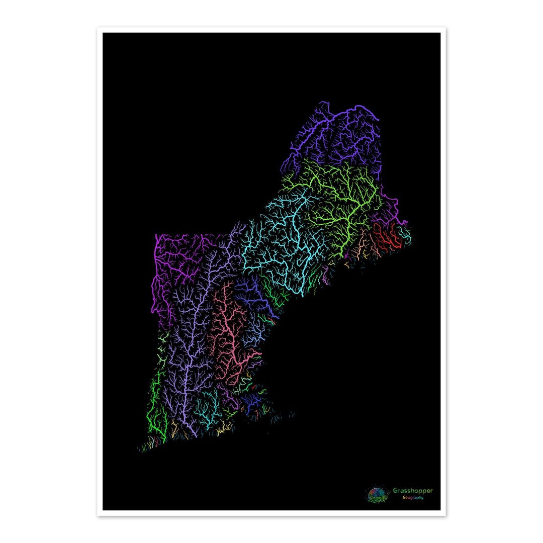 New England - River Basin Map, Rainbow on Black - Fine Art Print - Etsy