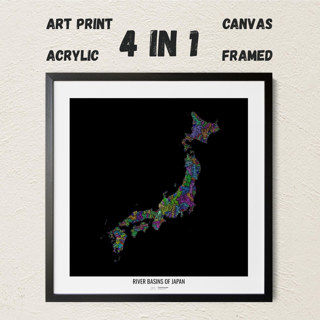 Japan - River Basin Map, Rainbow Colours - Wall Art - Etsy