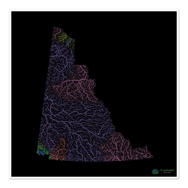 Yukon - River Basin Map, Rainbow on Black - Fine Art Print - Etsy