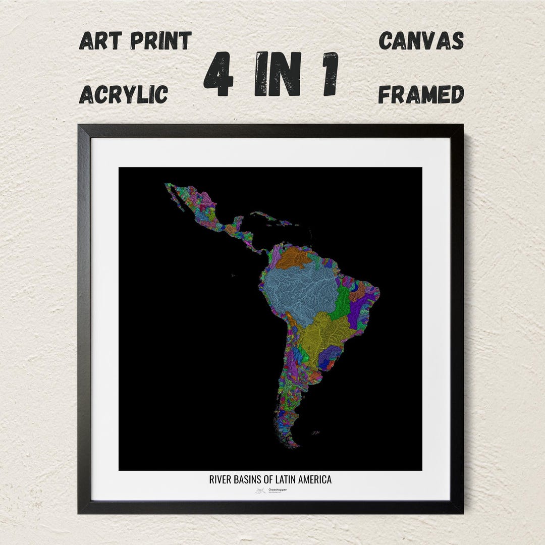 Latin America - River Basin Map, Rainbow Colours - Wall Art | Watershed ...