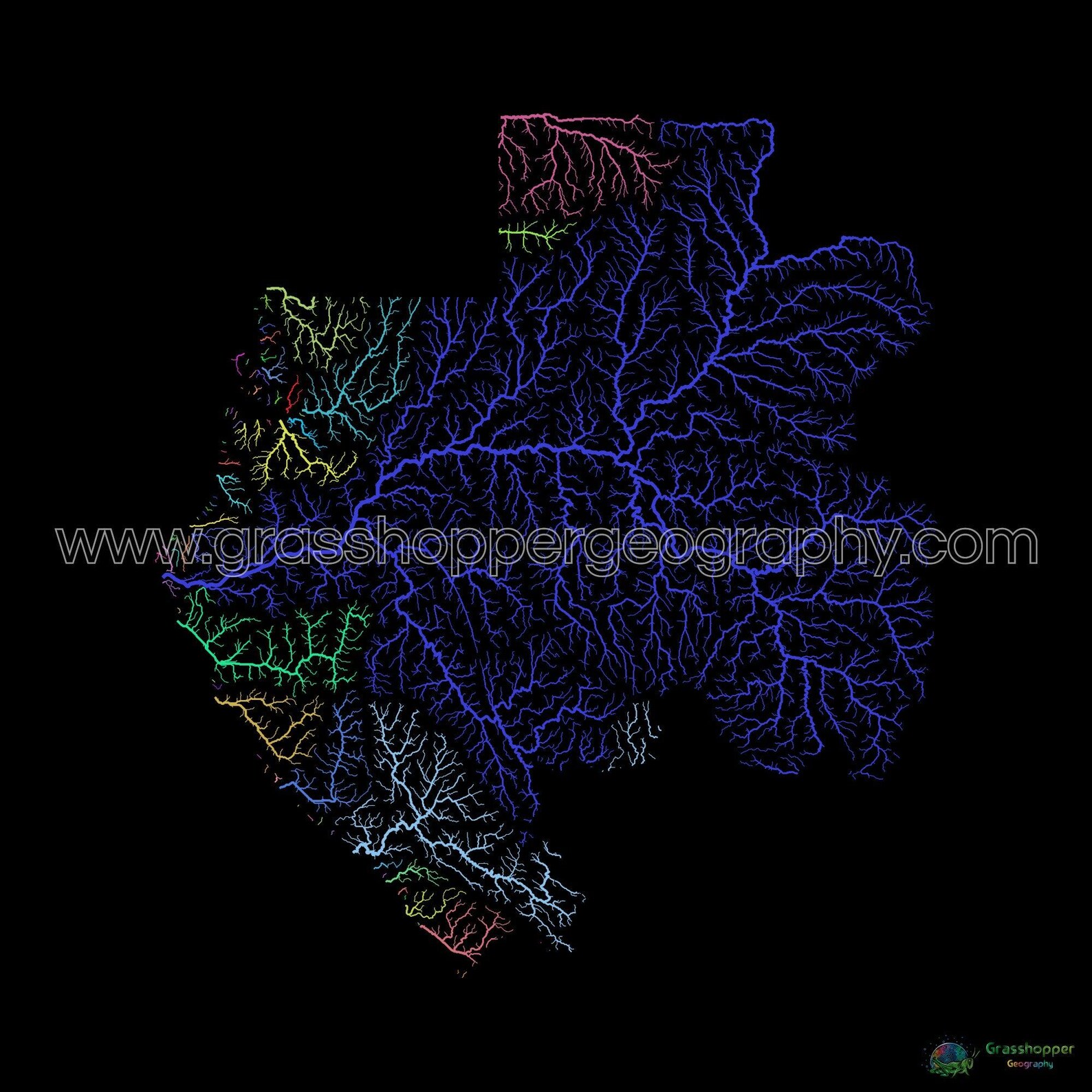 Gabon - River Basin Map, Rainbow on Black - Fine Art Print - Etsy