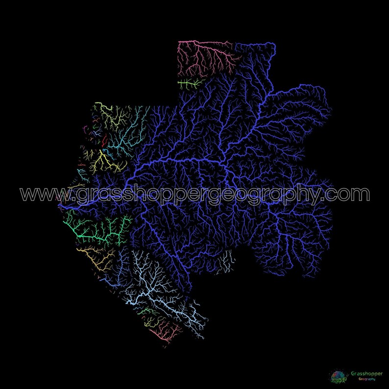 Gabon - River Basin Map, Rainbow on Black - Fine Art Print - Etsy