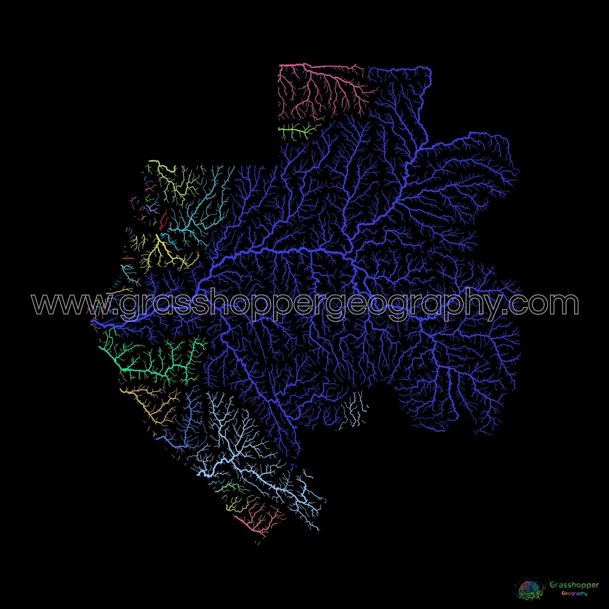 Gabon - River Basin Map, Rainbow on Black - Fine Art Print - Etsy