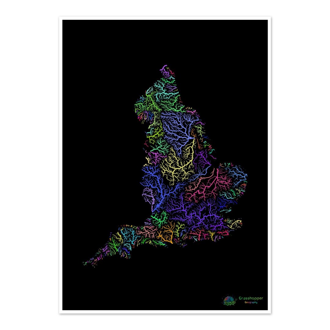 England - River Basin Map, Rainbow on Black - Fine Art Print - Etsy