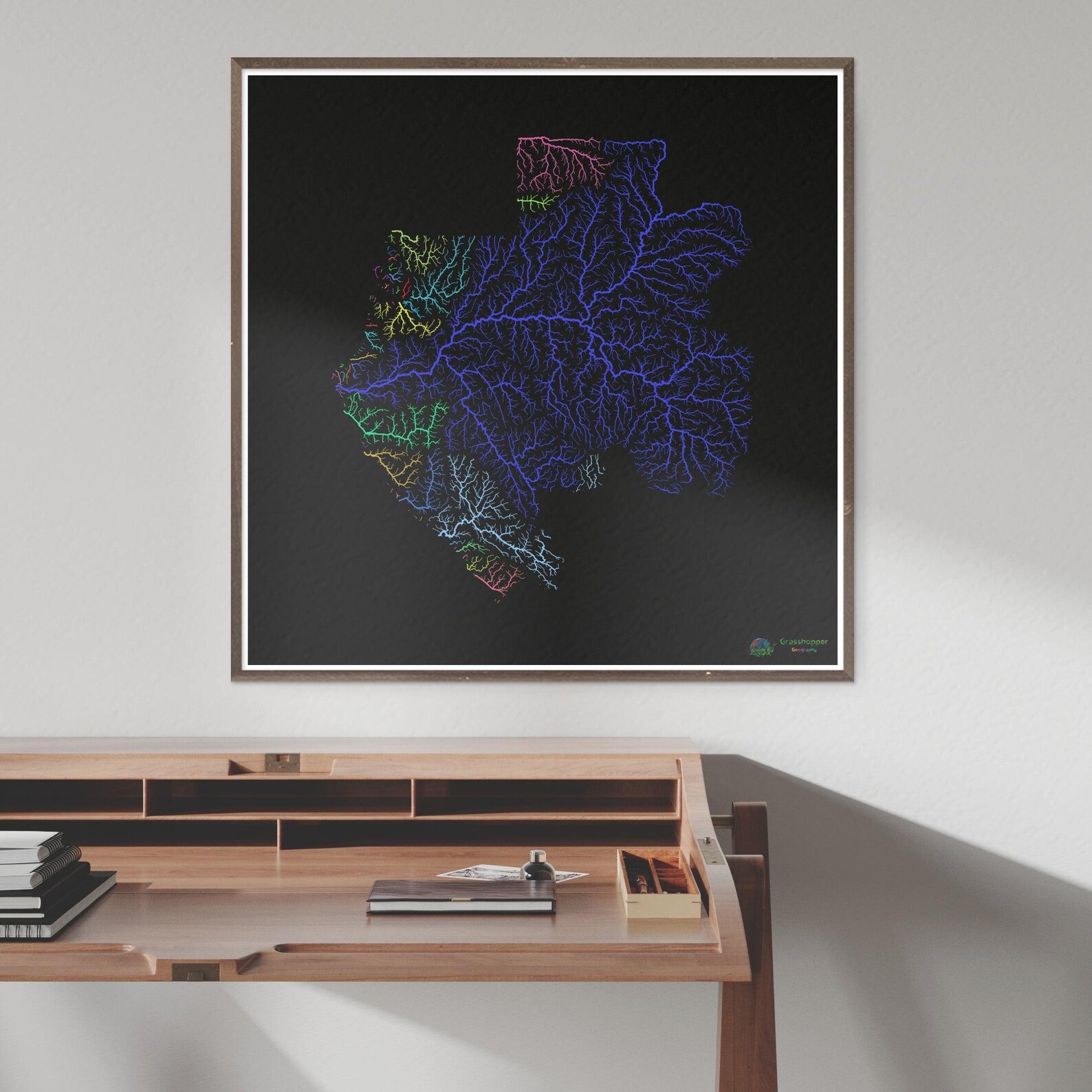 Gabon - River Basin Map, Rainbow on Black - Fine Art Print - Etsy