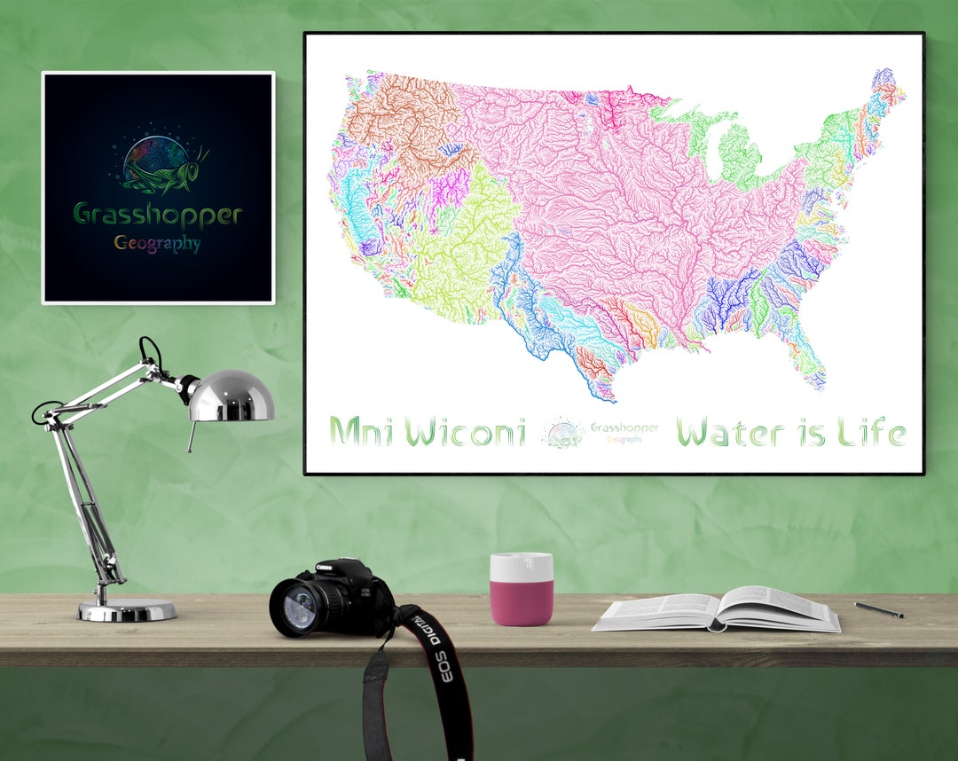 River Basins of the US, Water is Life high Resolution Digital Print Map ...