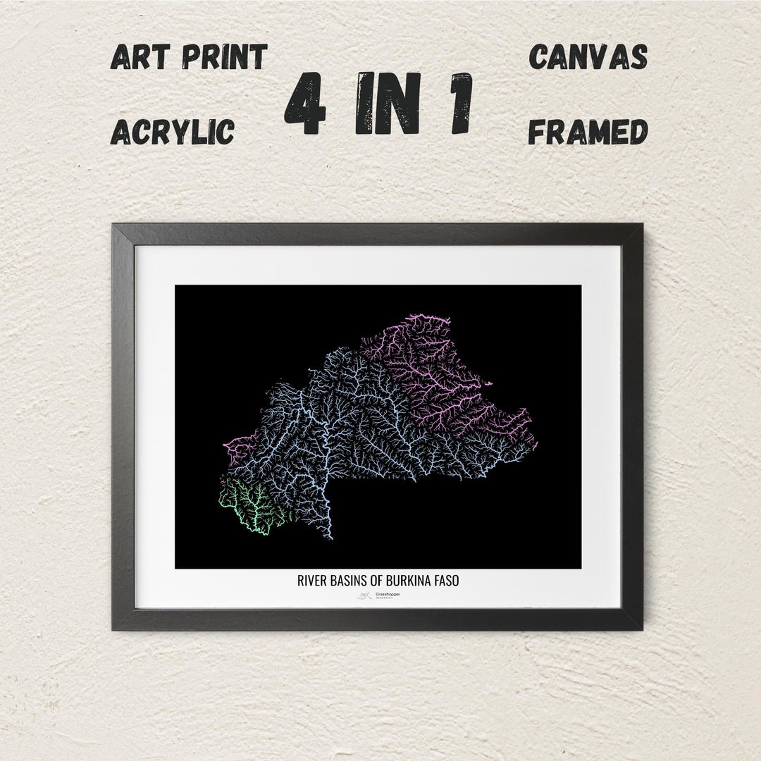 Burkina Faso - River Basin Map, Pastel Colours - Wall Art - Etsy