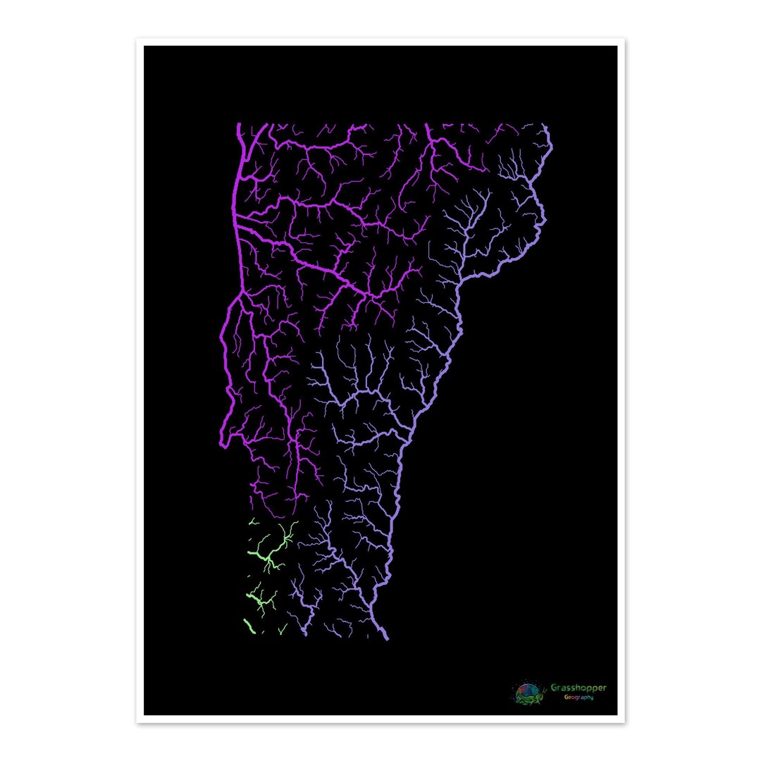 Vermont - River Basin Map, Rainbow on Black - Fine Art Print - Etsy