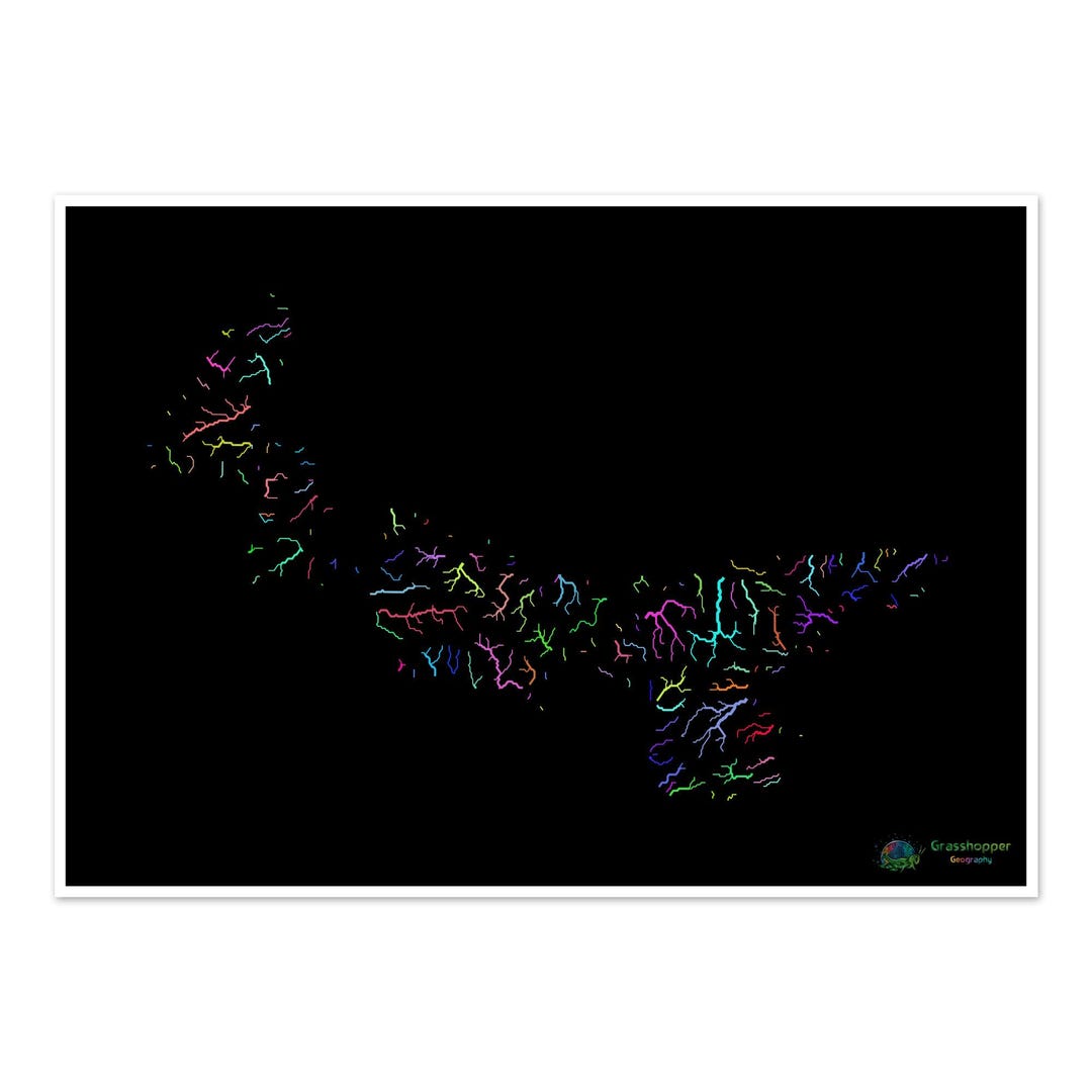Prince Edward Island - River Basin Map, Rainbow on Black - Fine Art ...