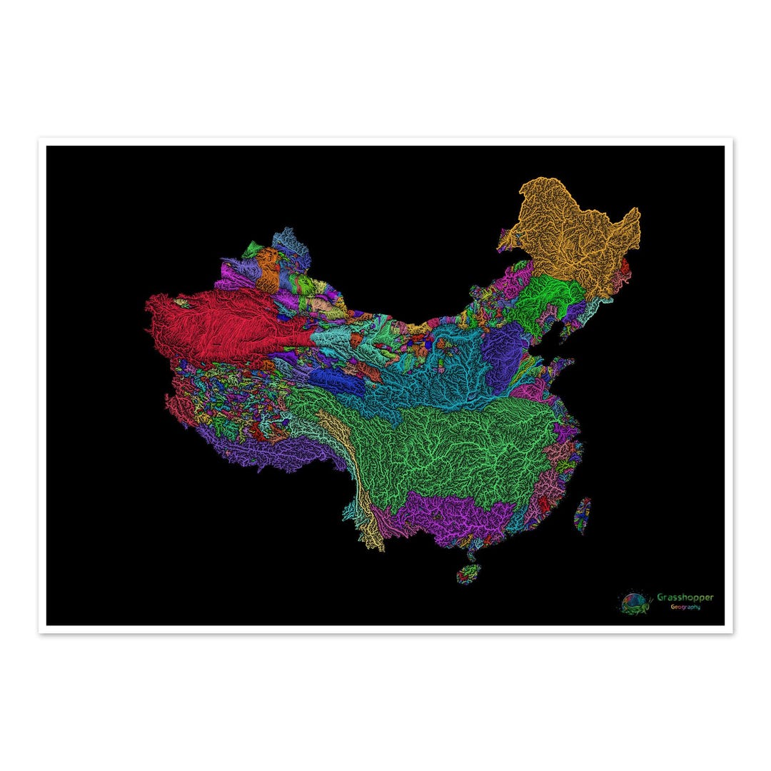 China and Taiwan - River Basin Map, Rainbow on Black - Fine Art Print ...