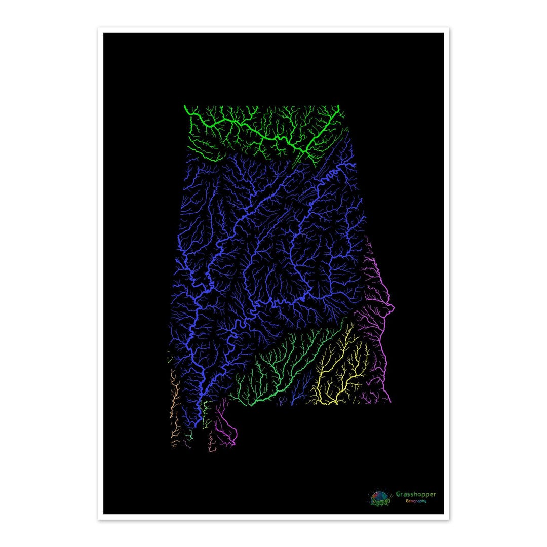 Alabama - River Basin Map, Rainbow on Black - Fine Art Print - Etsy