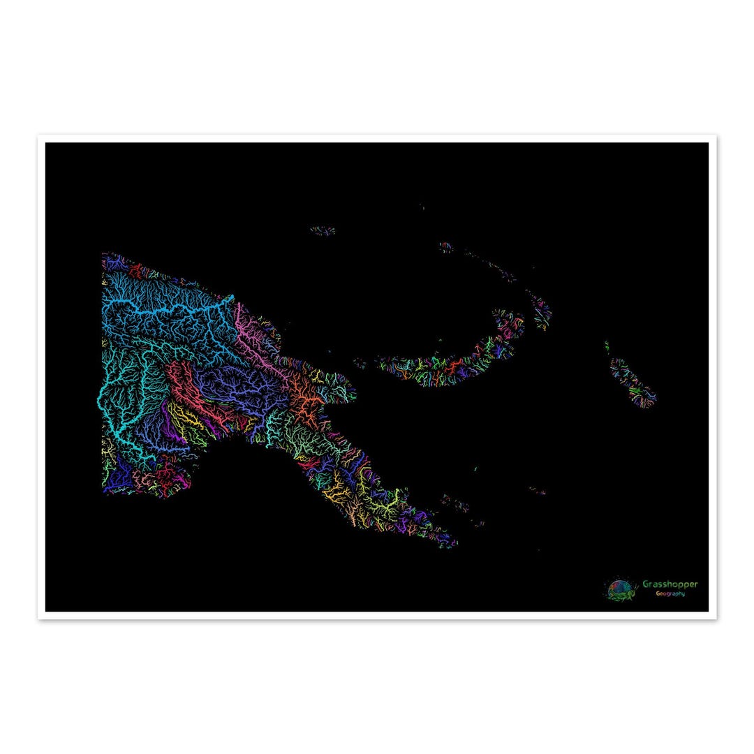 Papua New Guinea - River Basin Map, Rainbow on Black - Fine Art Print ...