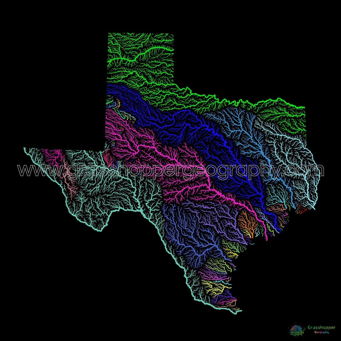 Texas - River Basin Map, Rainbow on Black - Fine Art Print - Etsy