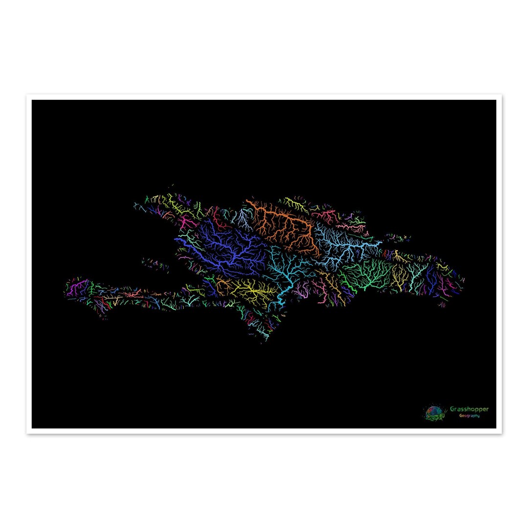 Hispaniola - River Basin Map, Rainbow on Black - Fine Art Print - Etsy