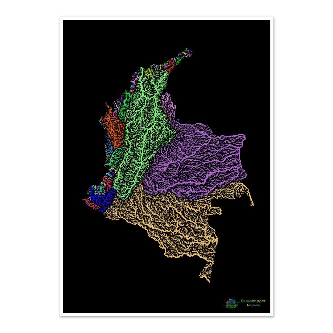 Colombia - River Basin Map, Rainbow on Black - Fine Art Print - Etsy
