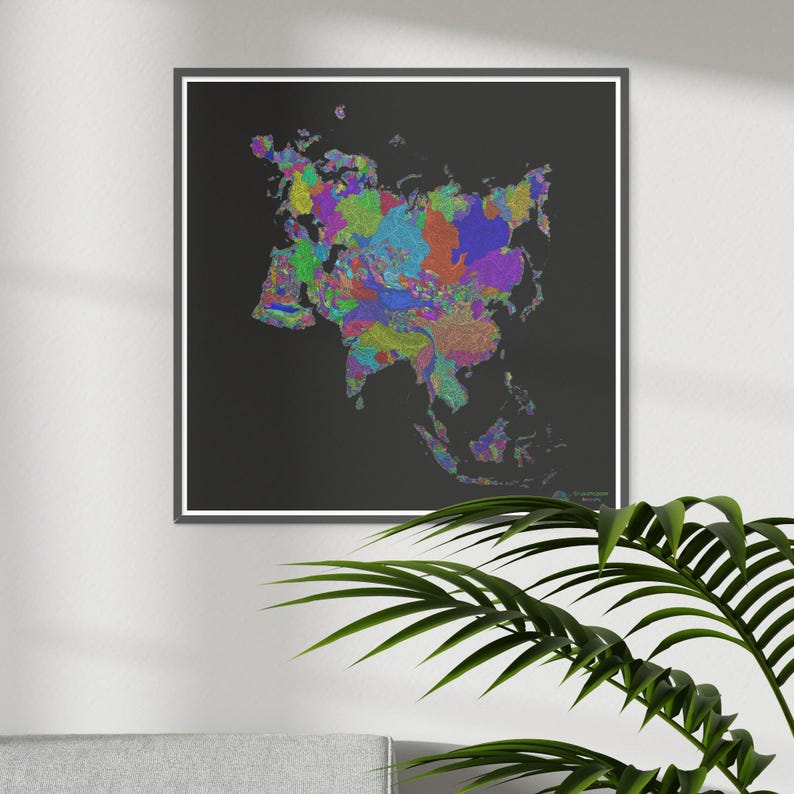 Eurasia - River Basin Map, Rainbow on Black - Fine Art Print - Etsy