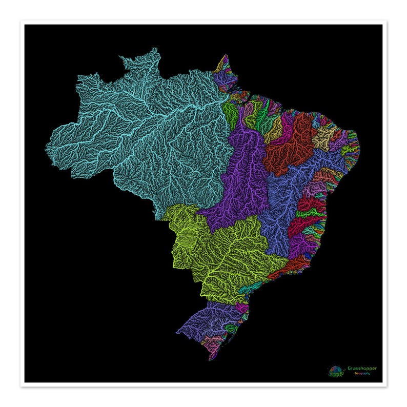 Brazil - River Basin Map, Rainbow on Black - Fine Art Print - Etsy