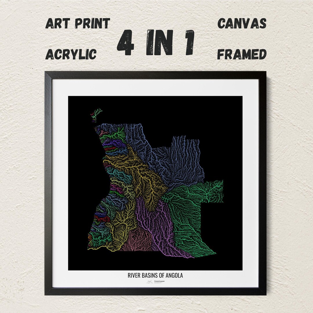 Angola - River Basin Map, Rainbow Colours - Wall Art - Etsy