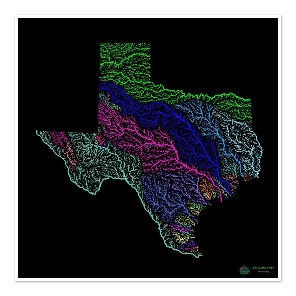 Texas - River Basin Map, Rainbow on Black - Fine Art Print - Etsy