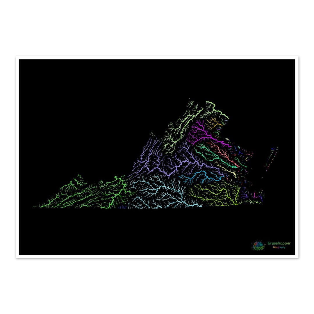 Virginia - River Basin Map, Rainbow on Black - Fine Art Print - Etsy