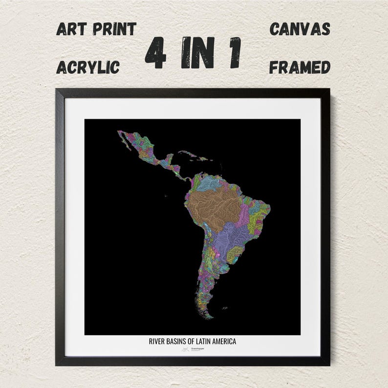 Latin America - River Basin Map, Pastel Colours - Wall Art | Watershed ...