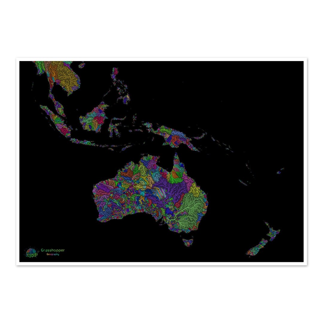 The Southwest Pacific - River Basin Map, Rainbow on Black Fine Art ...