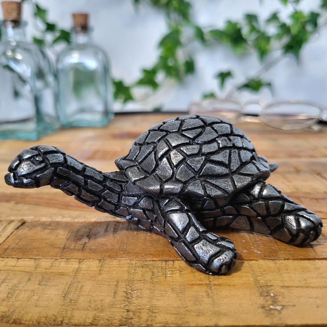 Tortoise Figurine, Metallic Turtle, Mosaic Plaster Sculpture, Bookshelf ...