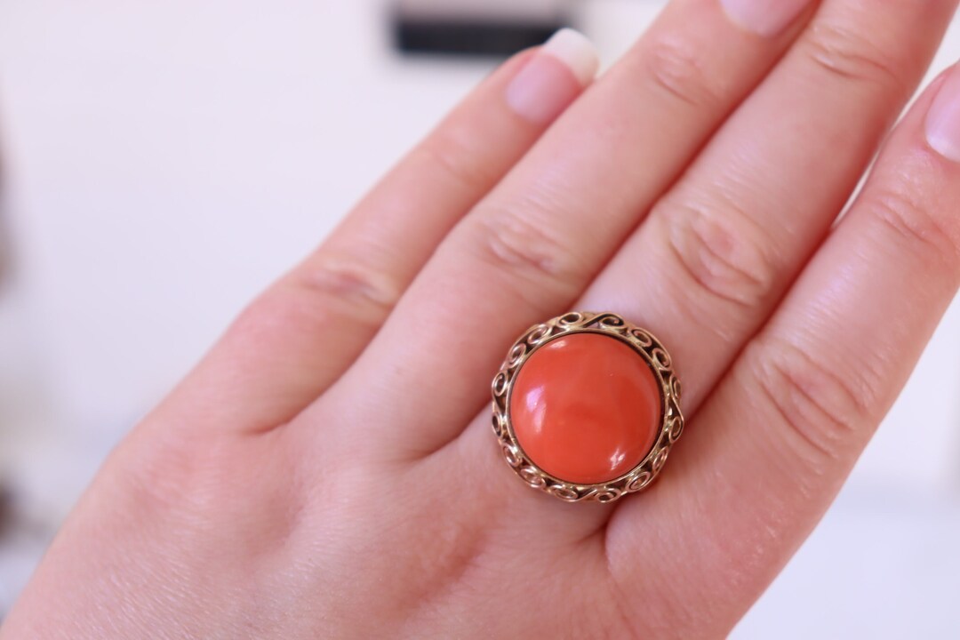 Vintage Massive Dutch Cocktail Ring Gold 14k Natural Undyed Coral 15gr ...