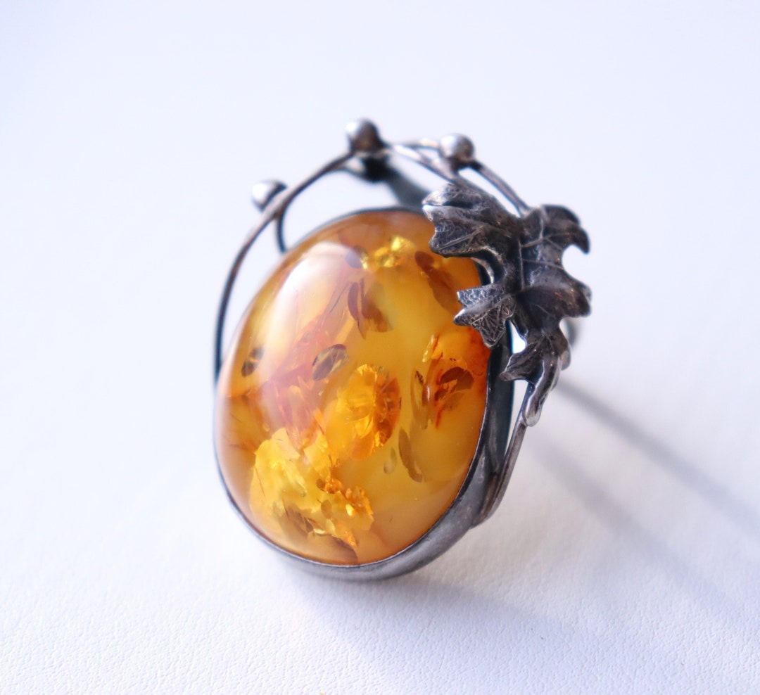 13gr Butterscotch Egg Yolk Honey Amber Ring Vintage Silver Art Nouveau ...